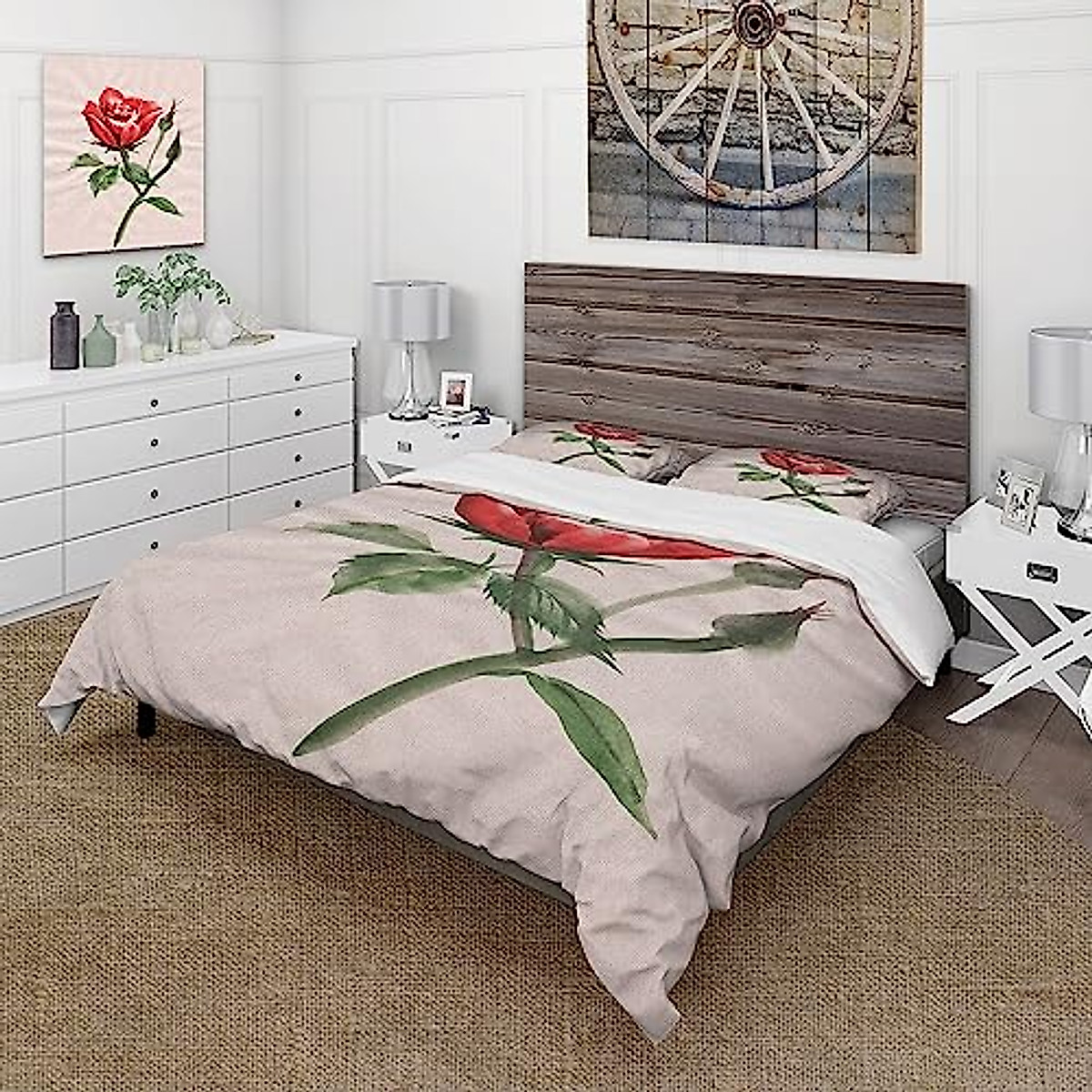 DESIGN ART Designart 'Vintage Red Rose Flower II' Traditional Duvet Cover Set Twin Cover + 1 Sham 2 Piece