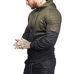 Men's Pullover Winter Workout Thenlian Mens' Autumn Winter Long Sleeve Splicing Fold Hooded Top Blouse Outwear(Army Greem, XL)