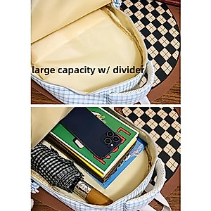 Kawaii Backpack with Cute Accessories Large Capacity Checkered Plaid Rucksack for Women Trendy Aesthetic Casual Daypack (Black)