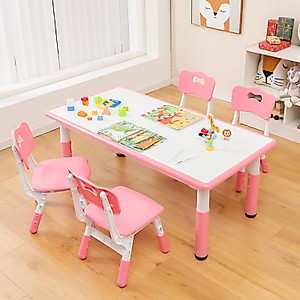 HONEY JOY Kids Table and Chair Set, Height Adjustable Children Activity Table and 4 Chairs Set w/Erasable Graffiti Desktop, Toddler Table and Chair Set for Daycare, Classroom, Home (Pink)