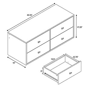 Prepac 4-Drawer Floating Dresser for Bedroom, Modern Dresser Chest of Drawers with Brushed Brass Knobs 16" D x 42.25" W x 17.25" H, White, WDBW-1412-1