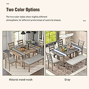 Merax 6-Piece Rubber Dining Table Set with 4 Cushioned Chairs and Bench, Beautiful Wooden Grain Pattern Tabletop, Natural Wood Wash-6pcs