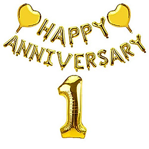 Yoaokiy 1 Year Anniversary Balloon Decorations, Happy 1st Anniversary Party Supplies - Gold Glitter 1 Year Anniversary Balloon Banner with 2 Heart Foil, 1st Wedding Anniversary Supplies Decorations