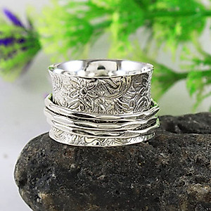 DAMRU Anxiety Ring For Women 925 Sterling Silver Plated Spinning Spinner Oxidized Concave Handmade Boho Band Meditation Stress Relief Rings (10)