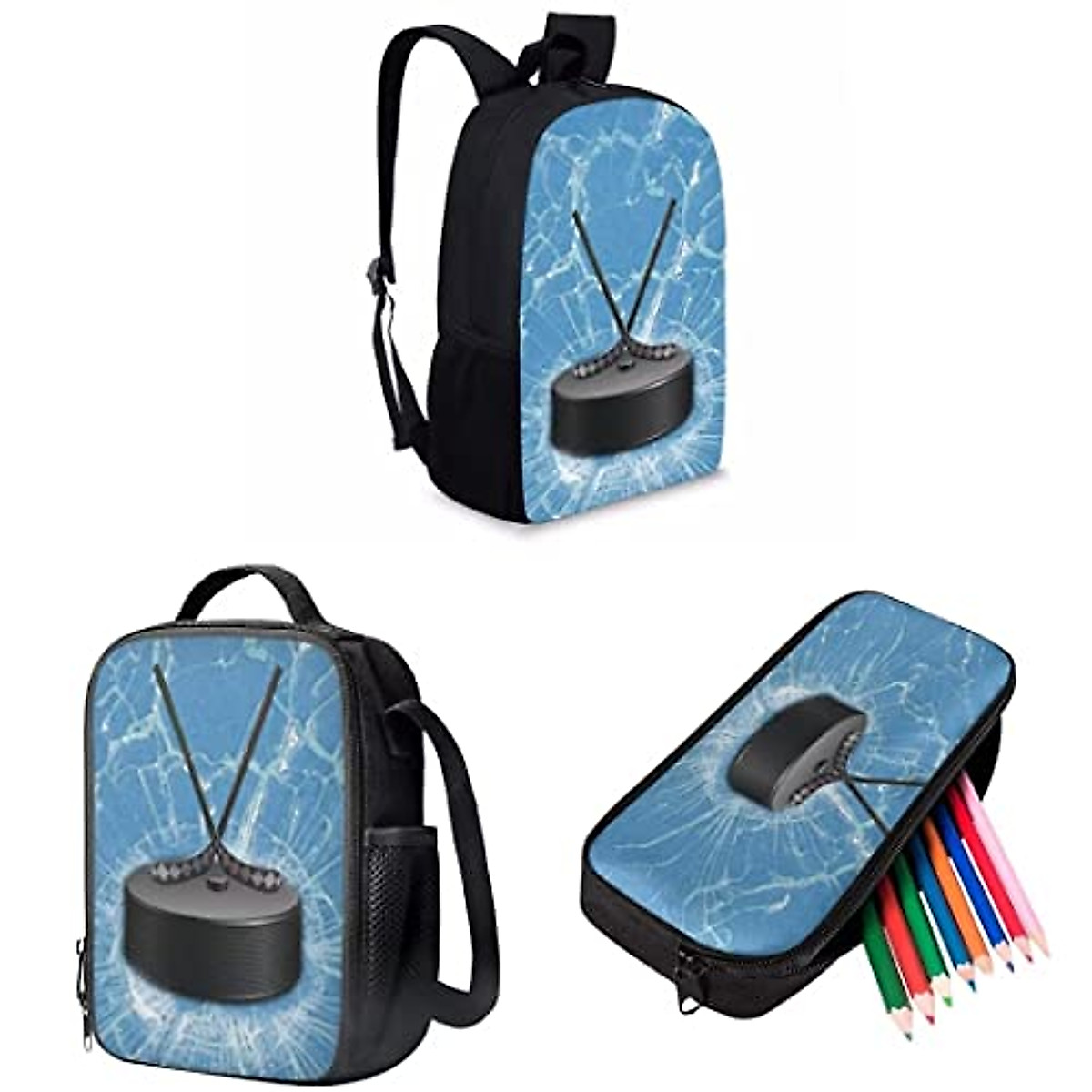 AmzPrint Ice Hockey 3 In 1 School Backpack Set 17 Inch Black Shoulder Student Backpack Insulated Lunch Box Pencil Bag Set