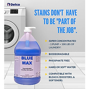 Detco Blue Max Industrial-Strength Laundry Detergent Concentrate - Safely Clean 256 Loads Per Gallon, 1/2 Ounce Per Load, Heavy Duty Concentrated Commercial Formula, 1 Liquid Gallon Bottle, Pack of 1
