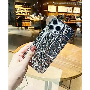 IAIYOXI Compatible with iPhone 13 Pro Max Glitter Case, Cute Fashion Bling Glitter Silver Tin Foil 3D Pleats Design for Women Girls with Soft Silicone, Shockproof Soft Case Cover for iPhone 14 Pro Max