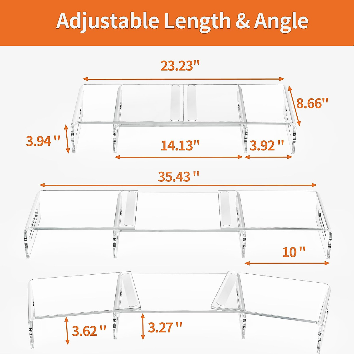 ErgoFocus Acrylic Monitor Stand Riser, Dual Monitor Stand with Adjustable Length and Angle, Clear Monitor Stand for 2 Monitors, 3 Shelf Monitor Stand Riser with Anti-Slip Mat for Computer