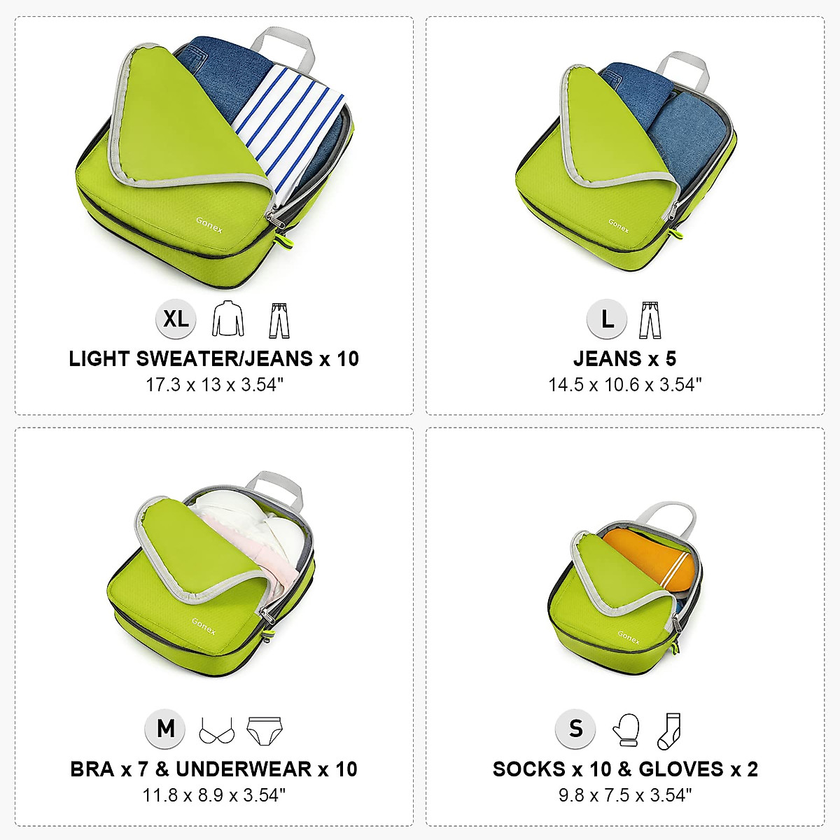 Gonex Compression Packing Cubes, 4pcs Expandable Storage Travel Luggage Bags Organizers (Green)