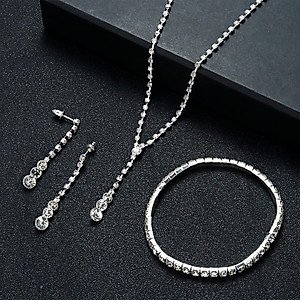 CASSIECA Silver Bridal Jewelry Set Rhinestone Necklace Bracelet Dangle Earrings for Bride Bridesmaid Teardrop Pendant Crystal Wedding Prom Jewelry Accessories for Women