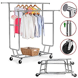 go2buy Commercial Clothing Garment Rolling Collapsible Rack Hanger Holder Double Rail