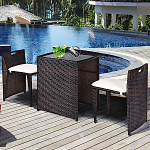 Tangkula 3 Piece Outdoor Rattan Dining Set, No Assembly Patio Bistro Set with Tempered Glass Table, Space Saving Patio Wicker Cushioned Chair Furniture Set for Courtyard, Balcony, Garden (Brown)