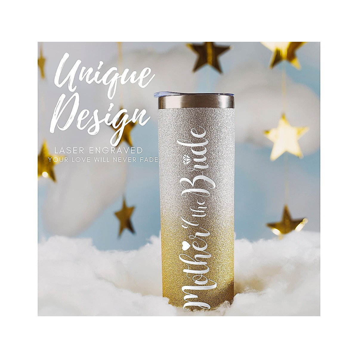 Onebttl Mother of The Bride Gifts, 20oz Stainless Steel Skinny Tumbler with Lid and Straw On Wedding Party for Brides Mom from Brides, Daughters (Glitter Gold)