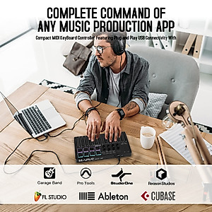 M-WAVE 25 Key USB MIDI Keyboard Controller With 8 Backlit Drum Pads, Bluetooth Semi Weighted Professional dynamic keybed 8 Knobs and Music Production,Software Included (Black)