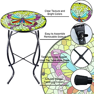 Patio Side Table Outdoor Mosaic Table Accent Coffee Table,Plant End Table Small Porch Colorful Butterfly Indoor,Round Glass Balcony Small Porch Plant Table Stands for Garden Patio Living Room 14 Inch