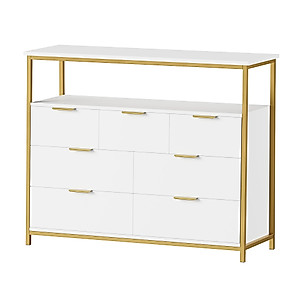 FACBOTALL Modern 7 Drawer Dresser, White Dresser with Metal Handles, White and Gold Dresser, Tall Dresser Chest of Drawers, Large Capacity Chest Storage Organizer for Living Room, Entryway, White.