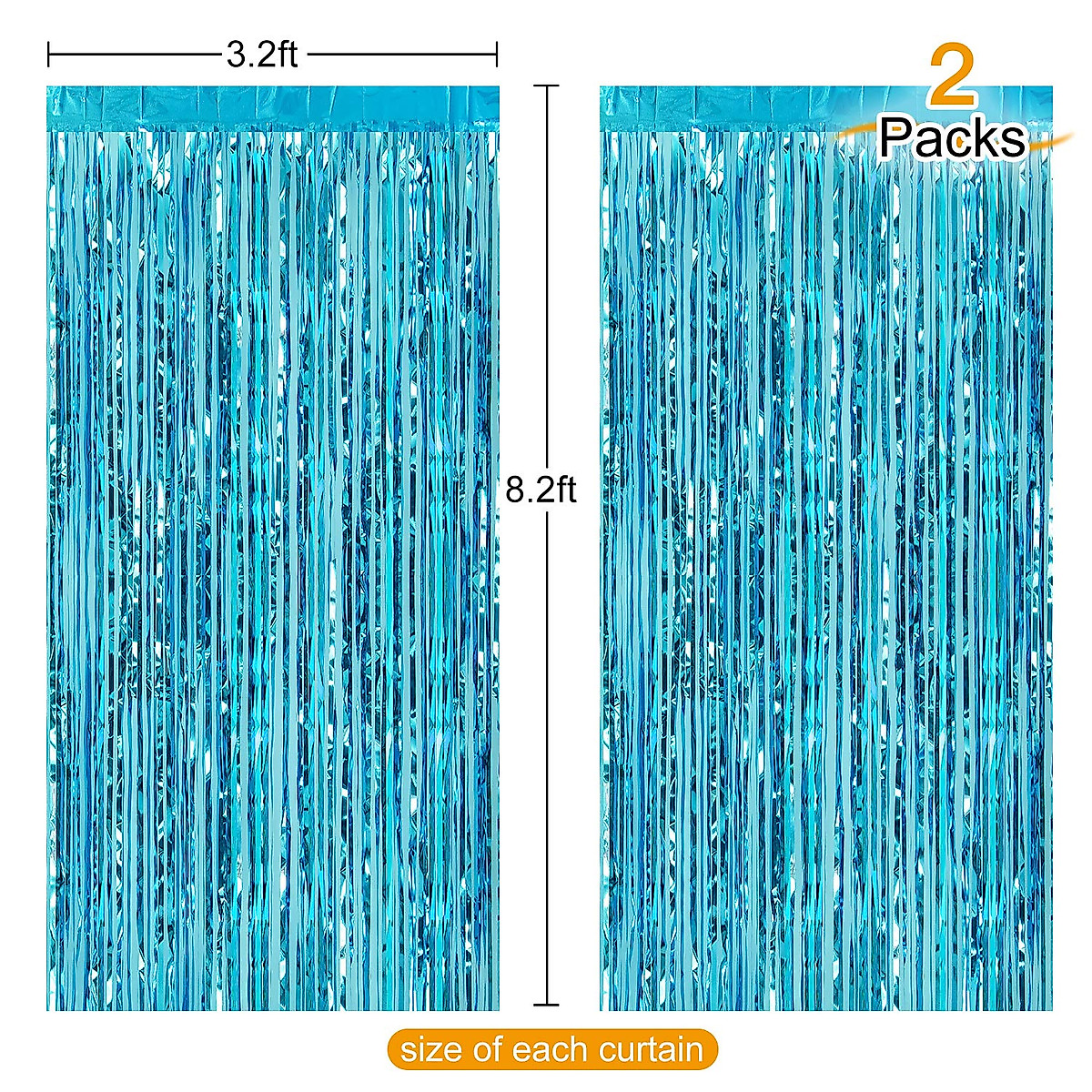 CHRORINE 2pcs 3ft x 8ft Light Blue Metallic Tinsel Foil Fringe Curtains Backdrop for Frozen Mermaid Blue Birthday Party Decorations, Baby Shower Bachelorette Bridal Shower Party Decorations