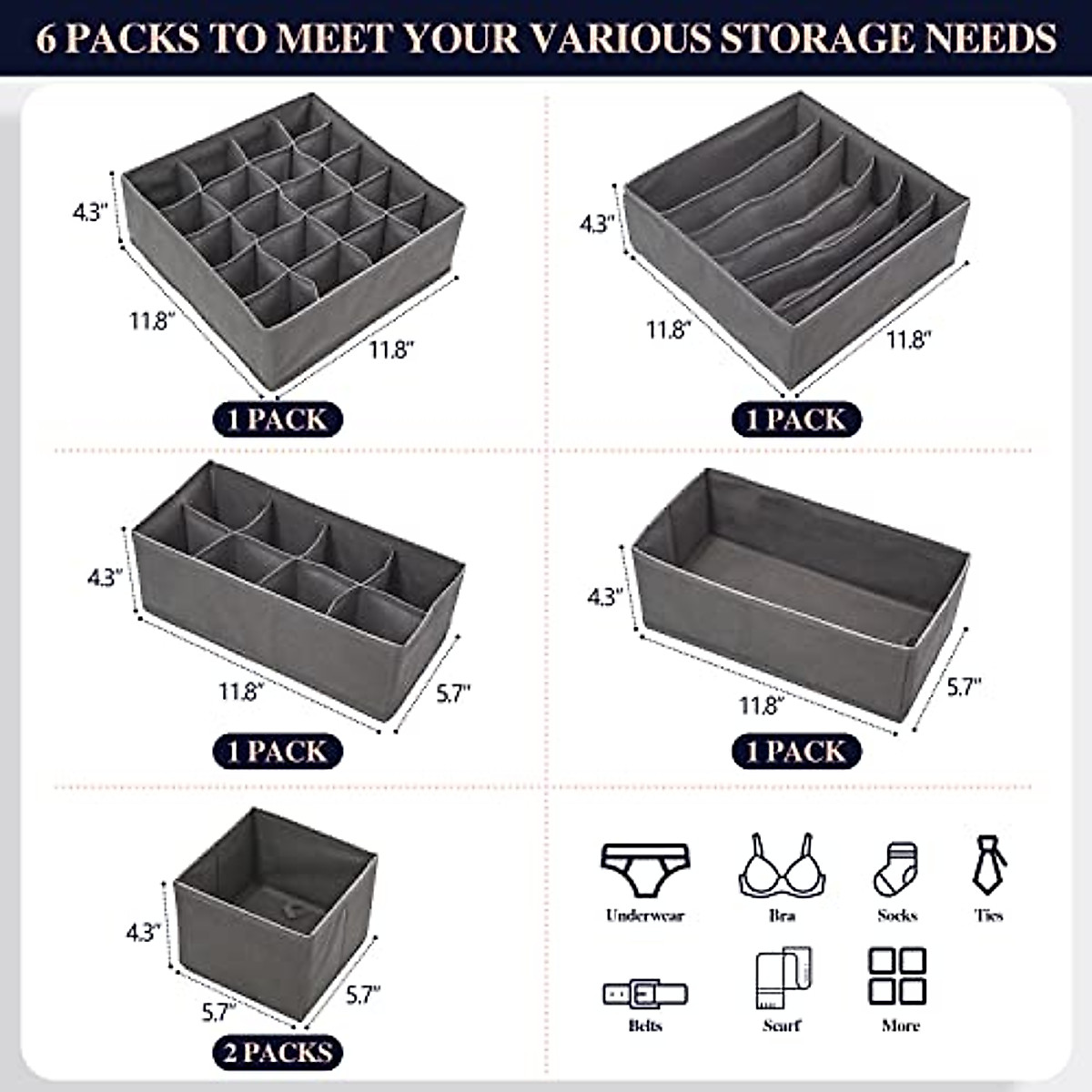 6 Pack Sock Underwear Drawer Organizer, Simple and Practical Foldable Non-Woven Drawer Organizers for Clothing, Suitable for Closet drawer Storage Bra Underwear, Socks, Ties, Belt（Grey）
