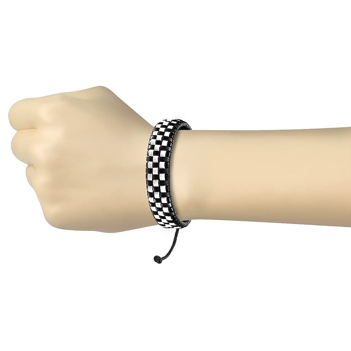 Covet Jewelry Black and White Checker Weaved Layers Leather Bracelet with Drawstrings