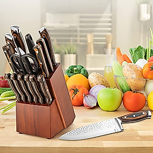 COSTWAY Kitchen Knife Set, Full Tang Knife Set with Block, Sharpener & Kitchen Shears, Includes Chef Knife, Bread Knife, Santoku Knife, Utility Knife, Paring Knife, 6 Steak Knives (15-Pieces, Brown)