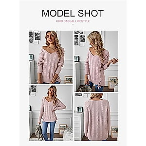 EVALESS Womens Fall Sweater 2023 Fashion Oversized Off The Shoulder Cable Knit V Neck Chunky Pullover Casual Solid Color Winter Long Sleeve Clothes Tops,Pink S