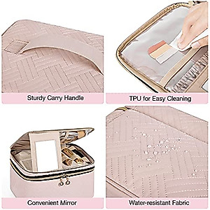 BAGSMART Makeup Bag, Double-Layer Makeup Case with Acrylic Mirror Cosmetic Organizer Bag Train Case for Makeup Brushes Palettes Sponge Toiletries, Pink