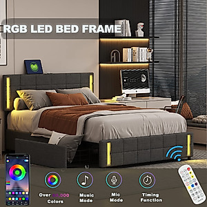 Upholstered Bed with LED Lights and USB Charging, Queen Size Storage Bed Platform Frame with Headboard and 4 Drawers for Bedroom, No Spring Box Required (Dark Gray)
