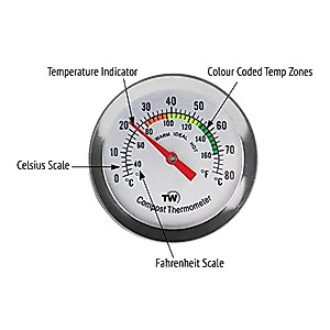 Compost Thermometer Stainless Steel Dial - Ideal Composting Soil Thermometer with 50MM Diameter C and F Dial and 295MM Compost Temperature Gauge Probe
