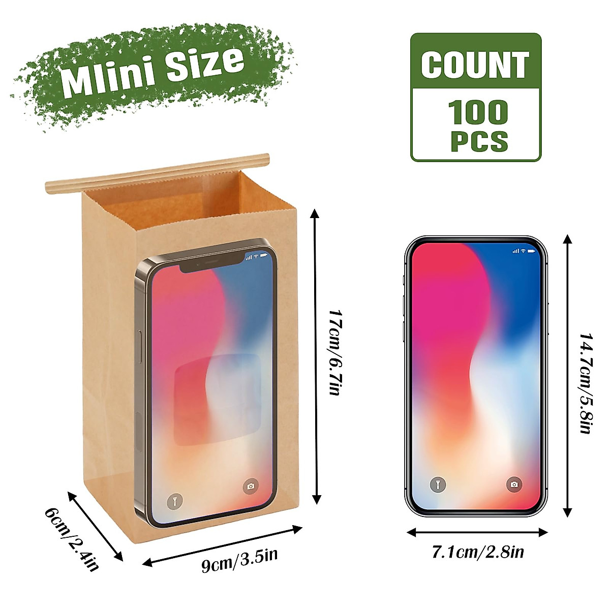 Moretoes 100pcs Small Bakery Bags with Window, Cookie Bags Pastry Bags Kraft Paper Bags, 3.54x2.36x6.7in Tin Tie Tab Bags Brown Window Bags