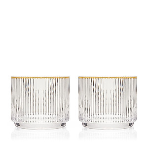 Viski Meridian Crystal Lowball Tumblers, Art Deco Whiskey Glasses, Crystal Scotch Glasses, Crystal Old Fashioned Glasses, Ribbed Glassware 12oz Set of 2