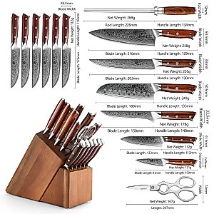 XINZUO Damascus Steel 15Pcs Kitchen Knife Block Set with Honing Steel and Kitchen Shears, Sharp Forged Cooking Knife Set -Chef Santoku Slicing Boning Utility Paring Knife and 6Pcs Steak Knife Set