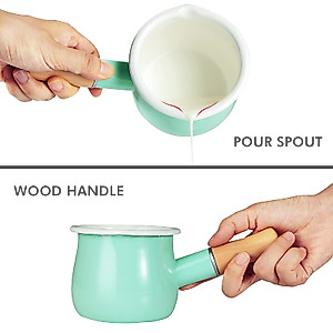 Enamel Milk Pan, Mini Butter Warmer 4 Inch 550ml Milk Pot Half Quart Saucepan Small Enamelware with Wooden Handle for Heating Milk, Melting Butter, Boiling Water