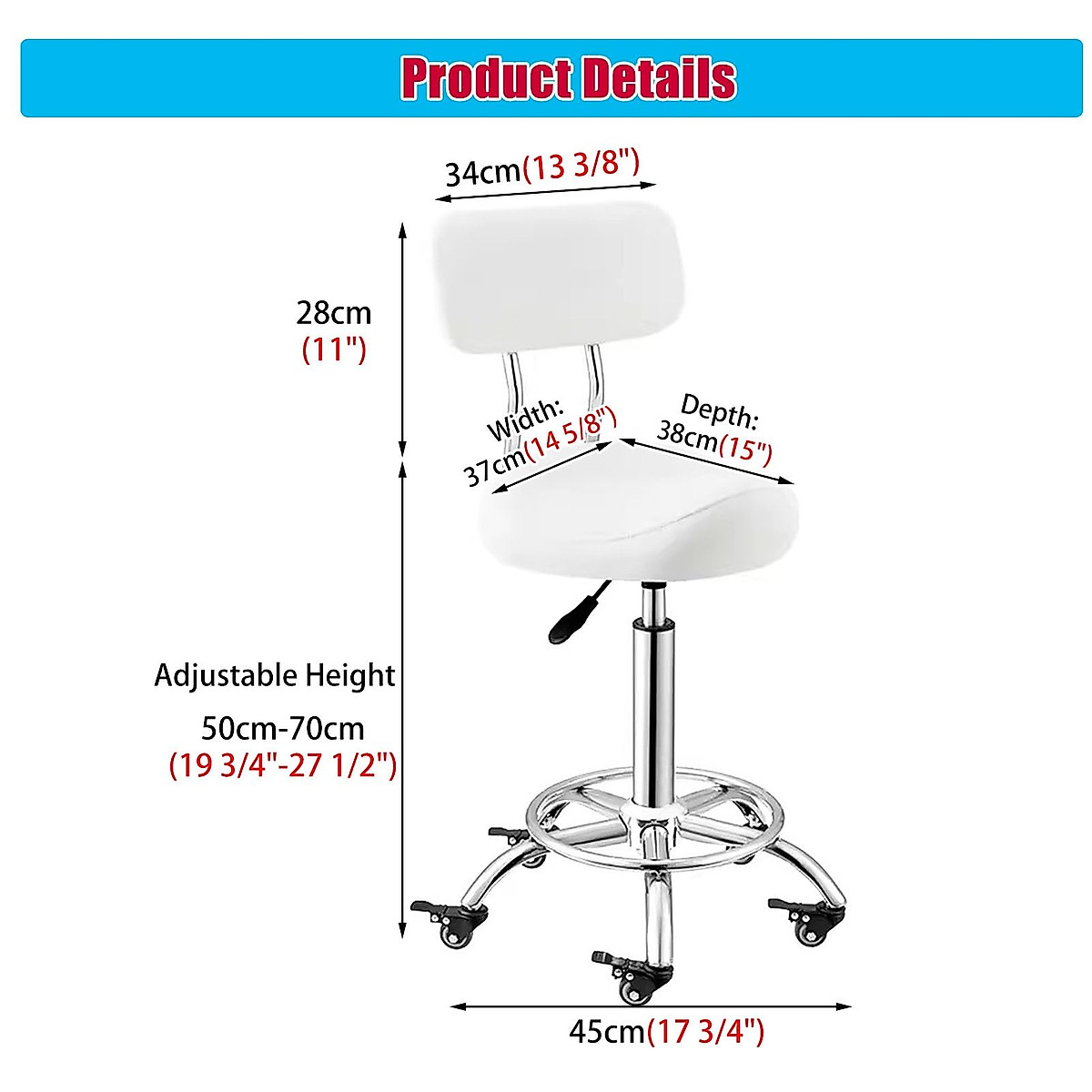 NUNETH Saddle Stool Kitchen Saddle Chair with Footrest Back Support, Ergonomic Office Chair Saddle Salon Chair for Clinical Dentist Clinic, 50-70 Cm (Color : White)
