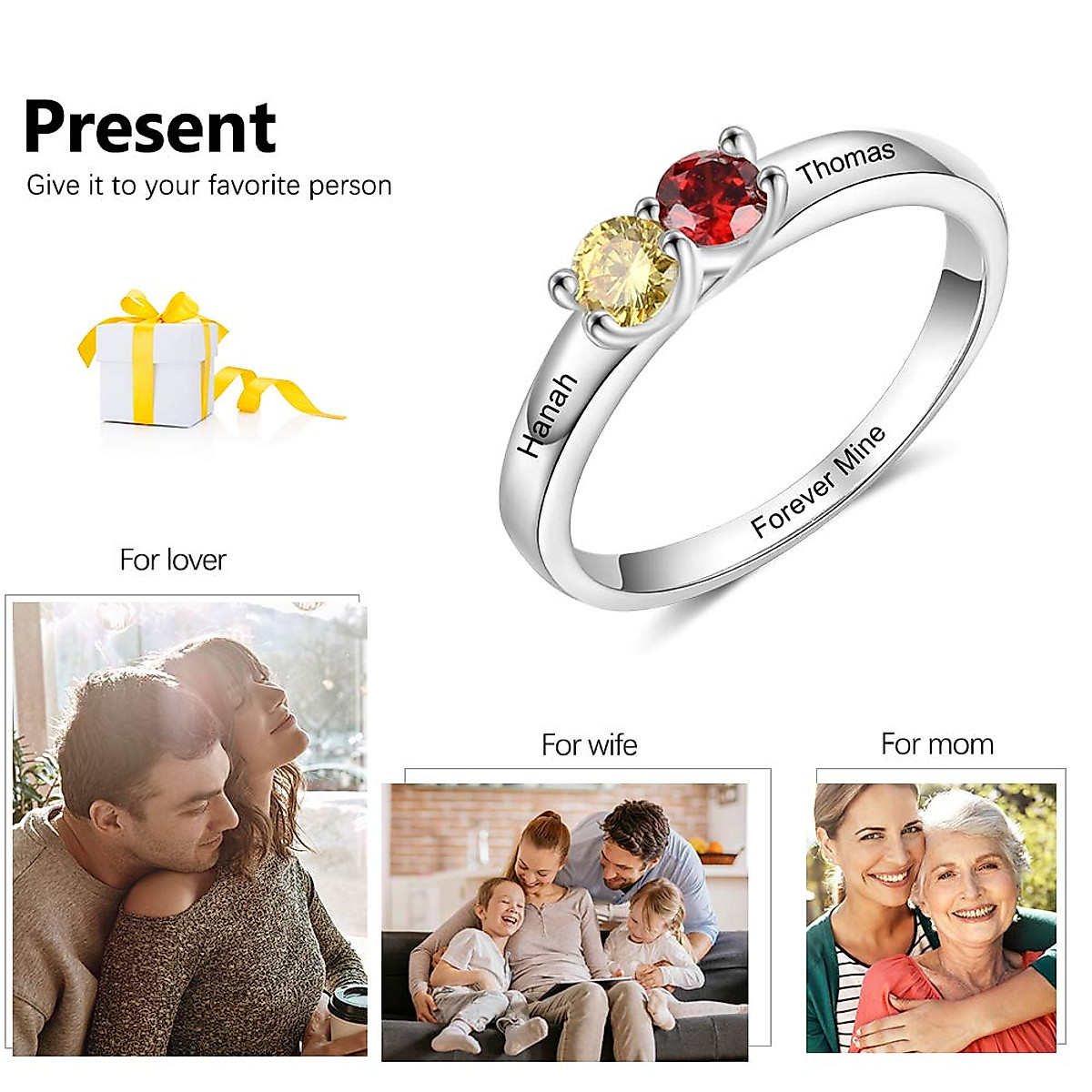 Personalized Mothers Rings with 2/3/4 Simulated Birthstones Custom Mother Daughter Ring Jewelry for Women Engagement Wedding Promise Rings for Her (2 stones, 8)