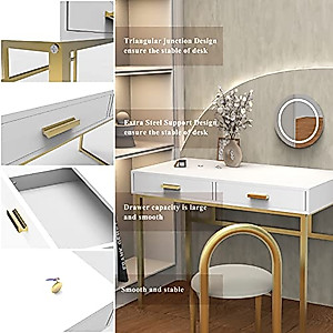 NTReasy Vanity Desk with 2 Drawers, 39 inch Modern Home Office Computer Desk, Makeup Dressing Writing Desks with Storage for Study Bedroom (White and Gold)