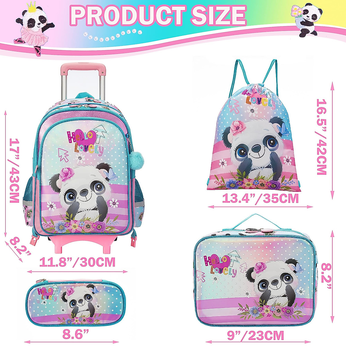 Meetbelify Rolling Backpack for Girls 5 in 1 Panda Elementary Student School Backpacks with Wheels Trip Luggage 17 inch kids Laptop Bag with Lunch Box for Teen Girls