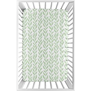 Sweet Jojo Designs Green and White Leaf Floral Girl Baby Nursery Fitted Mini Portable Crib Sheet for Mini Crib or Pack and Play ONLY - Boho Farmhouse Sunflower Collection