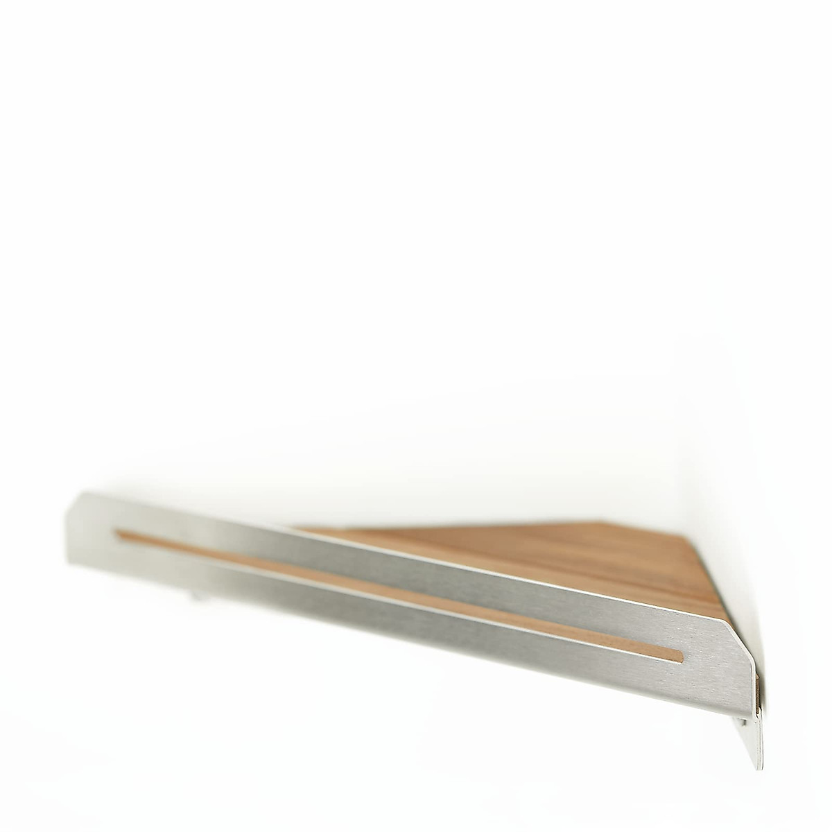 Seachrome Corner Shower Shelf in a Satin Finish with a Natural Teak Wood Insert