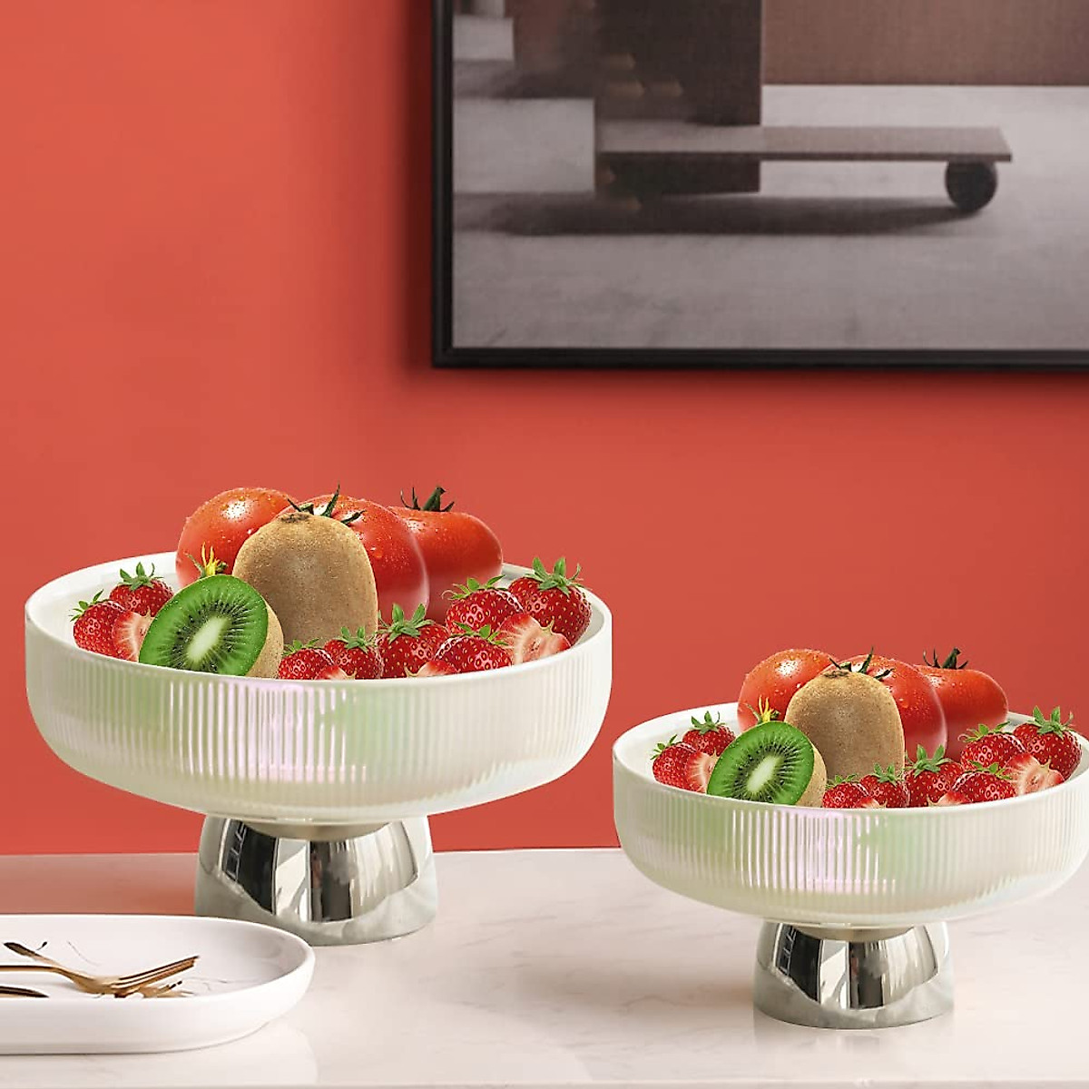 BETYMAO Ceramic Footed Bowl Round Pedestal Bowl Decorative Fruit Dish Holder Dessert Display Stand for Kitchen Counter Centerpiece Table Decor Serving Fruit Tray Silver S