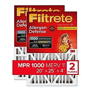 Filtrete 20x25x4 Air Filter, MPR 1000, MERV 11, Allergen Defense 12-Month Deep Pleated 4-Inch Air Filters, 2 Filters