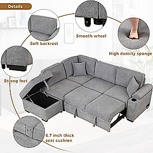 Melpomene Sectional Sleeper Sofa with Pull-Out Bed and Storage Ottoman, Modern L-Shape Couch w/USB Port and Cupholder,Grey