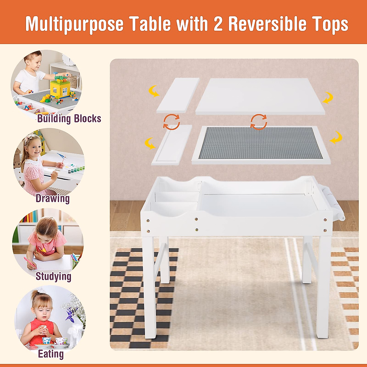 Costzon Kids Table, 3 in 1 Wood Building Block Desk w/Storage, Paper Roll, Reversible Tabletop for Toddler Arts, Crafts, Drawing, Reading, Playing, Gift for Boys Girls, Activity Table (White)