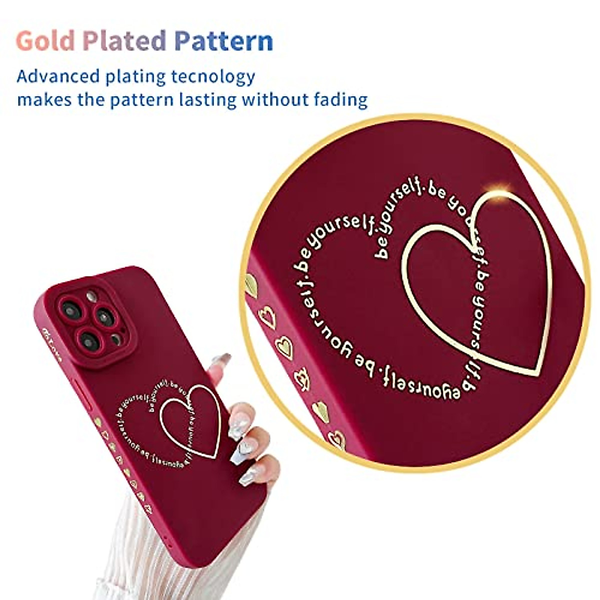 Ankofave iPhone 12 Pro Max Case for Women, Gold Plated Letter & Double Heart Design, Soft Shockproof Camera Lens Protection - Red Wine