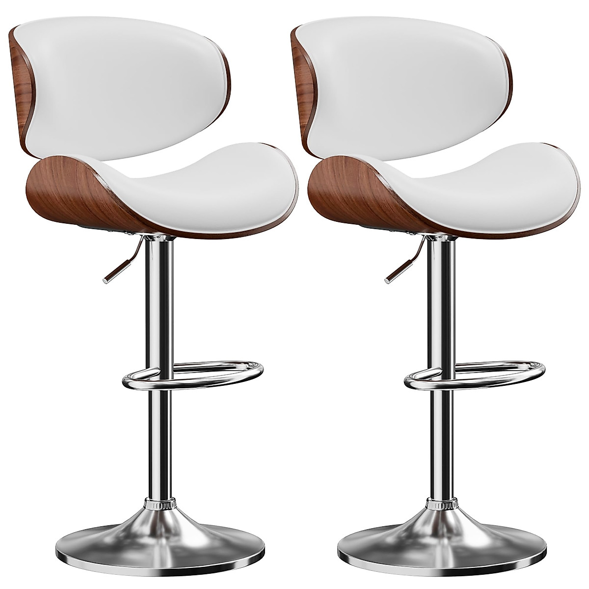 Aowos Bar Stools Set of 2, Adjustable Swivel Leather Bar Stools for Kitchen Island, Mid Century Modern Counter Height Bar Chairs Barstools with Back & Footrest (White)
