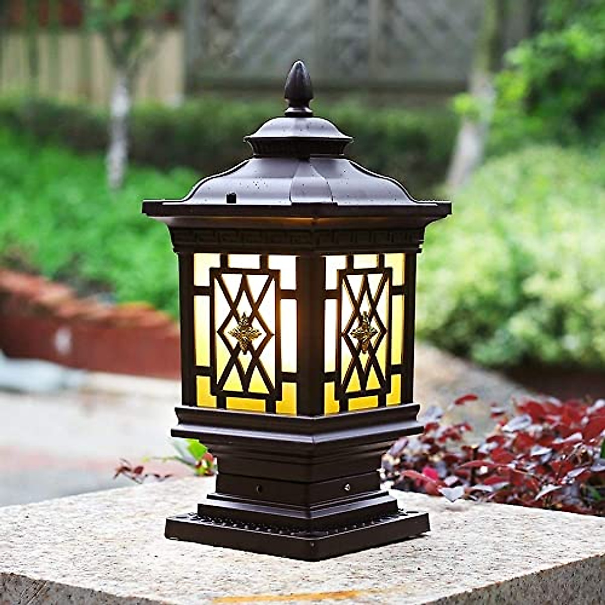 MODEBHD Column Lamp Brown Chinese Retro Rustproof Aluminum Metal Exterior Lamp Vintage Square Outdoor IP44 Waterproof Post Light Fixtures E27 Garden Wall Patio Pillar Lamp Stigma Light