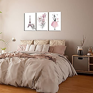 Wuxianghong Eiffel Tower Wall Decor Girls Pink Theme Room, Paris Wall Art Princess Girl Flowers Bedroom Decor,Canvas Art Framed Posters Paintings