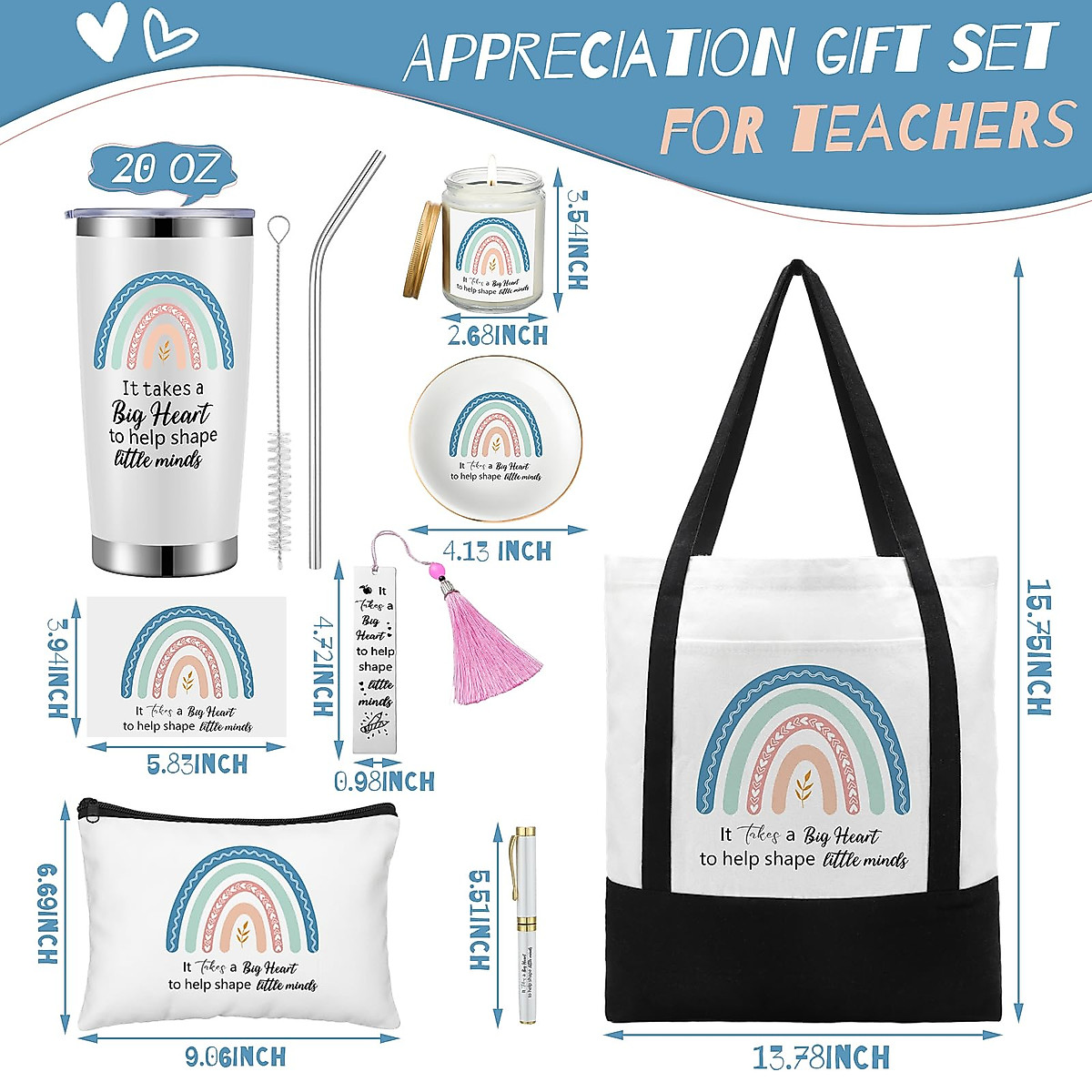 Aliceset 8 Pcs Teacher Appreciation Gifts for Women Thank You Gift 20oz Tumbler Tote Bag Makeup Bag Candle Jewelry Tray Pen Bookmark Greeting Card Back to Birthday Gifts
