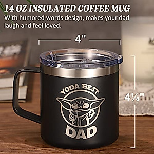 Gifts for Dad from Daughter, Son, Kids - 14 Oz Insulated Coffee Mug Funny Birthday Valentine Gifts for Husband, Man, Him from Wife - Yoda Best Dad Tumbler Christmas Gift for Father, Father-in-Law