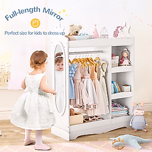 Curipeer Kids Dress up Storage with Mirror, Kids Wardrobe with 3 Hooks, Kids Closet for Girls Boys, Kids Armoire Costume Organizer for Bedroom, White