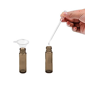Essential Oil Bottle Kit - Includes: 10x Amber Brown Essential Oil Bottle (1/3 oz - 10 ml), 1x Tool for Opening/Sealing Bottles, 78x Label (4 Sizes), 1x Mini Dropper + 1x Mini Funnel for Easy Filling